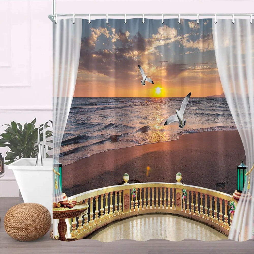 Balcony Scene Shower curtains Fabric Mountain Water Ocean Seagull ...