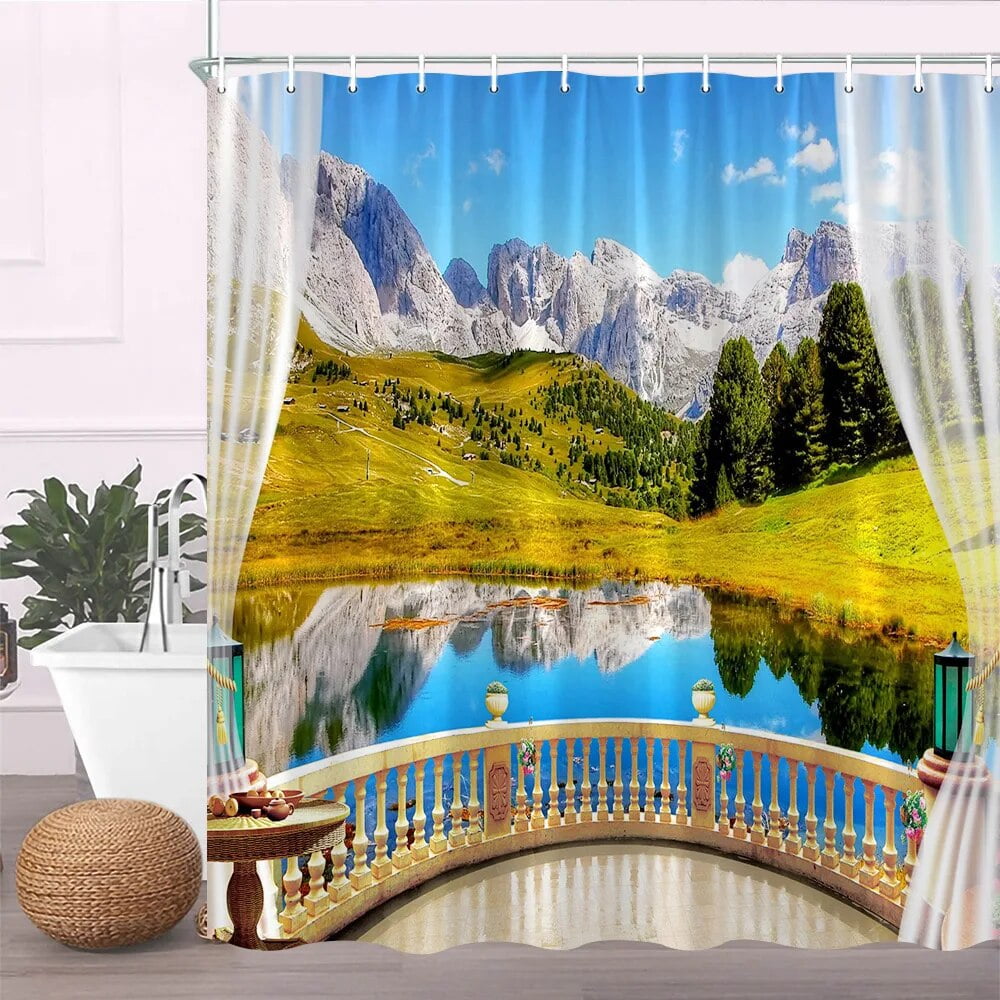 Balcony Scene Shower curtains Fabric Mountain Water Ocean Seagull ...