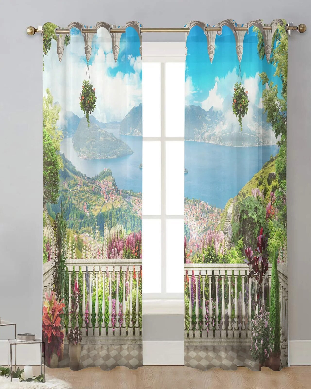 Balcony Sea Flower Sky Mural Tulle Curtain rative Sheer Curtains for ...
