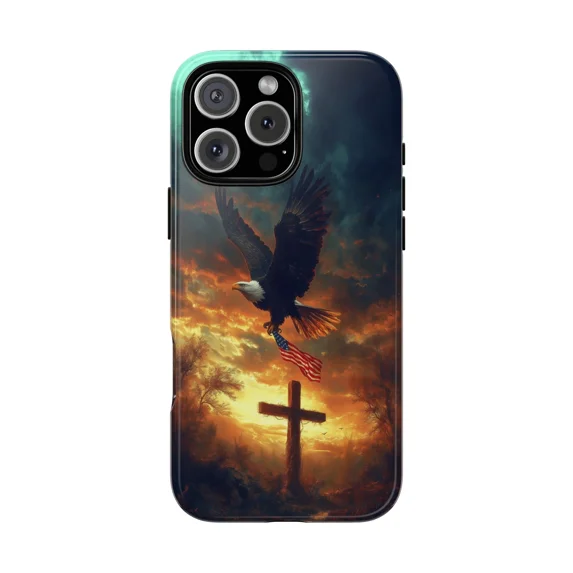 Bald Eagle American Flag Cross Sunset Case for iPhone 17 to 11 Pro Max ...