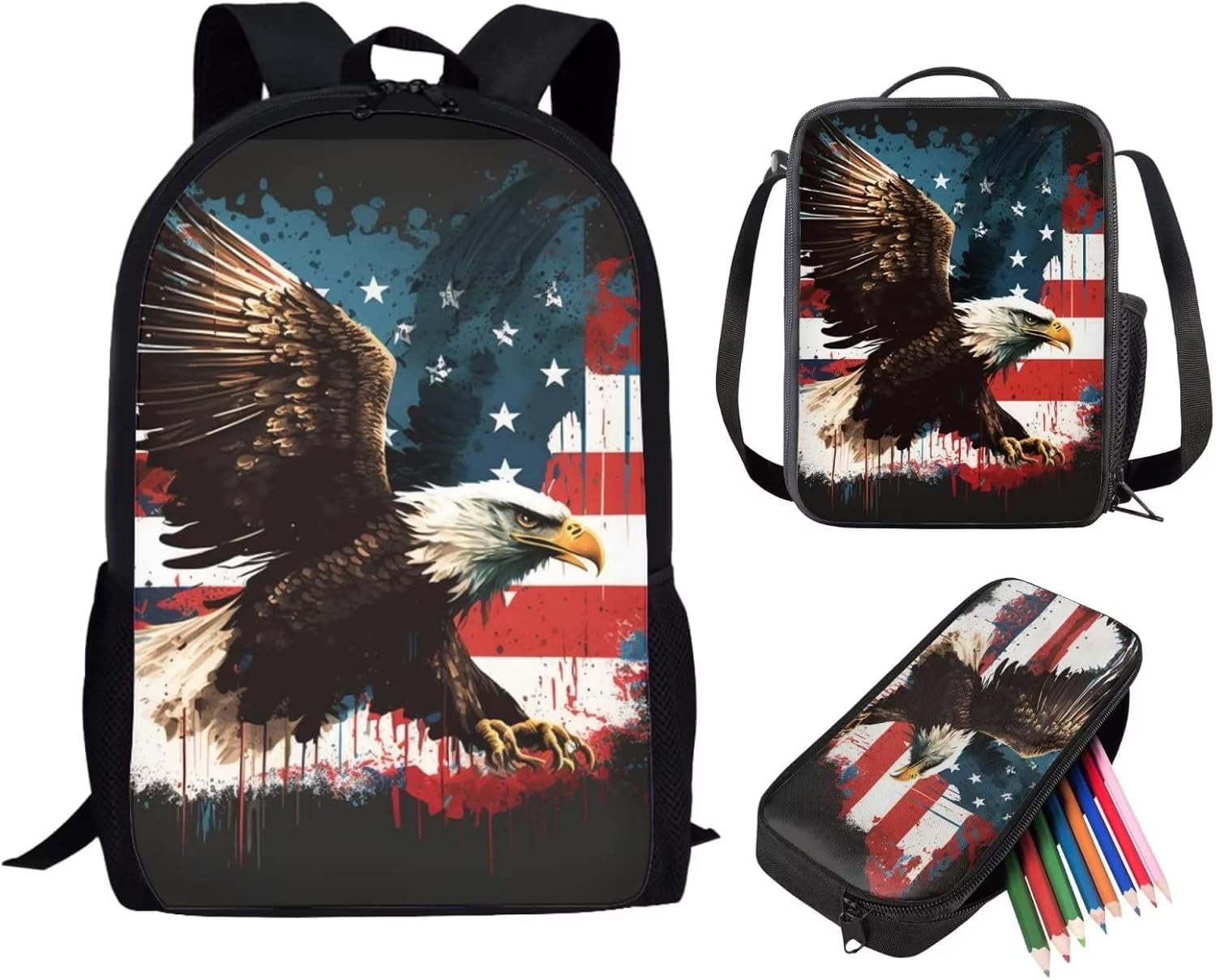 Bald Eagle Backpack and Lunch Box Set American Flag Bookbag Lunchbag ...