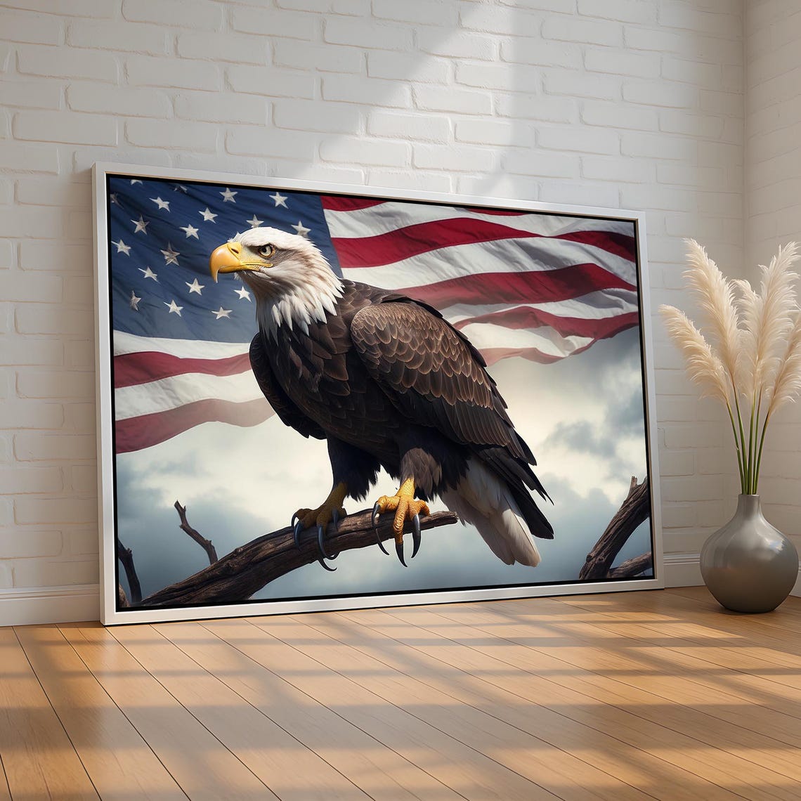 Bald Eagle On Branch With Usa Flag | Patriotic Wall Art Canvas ...