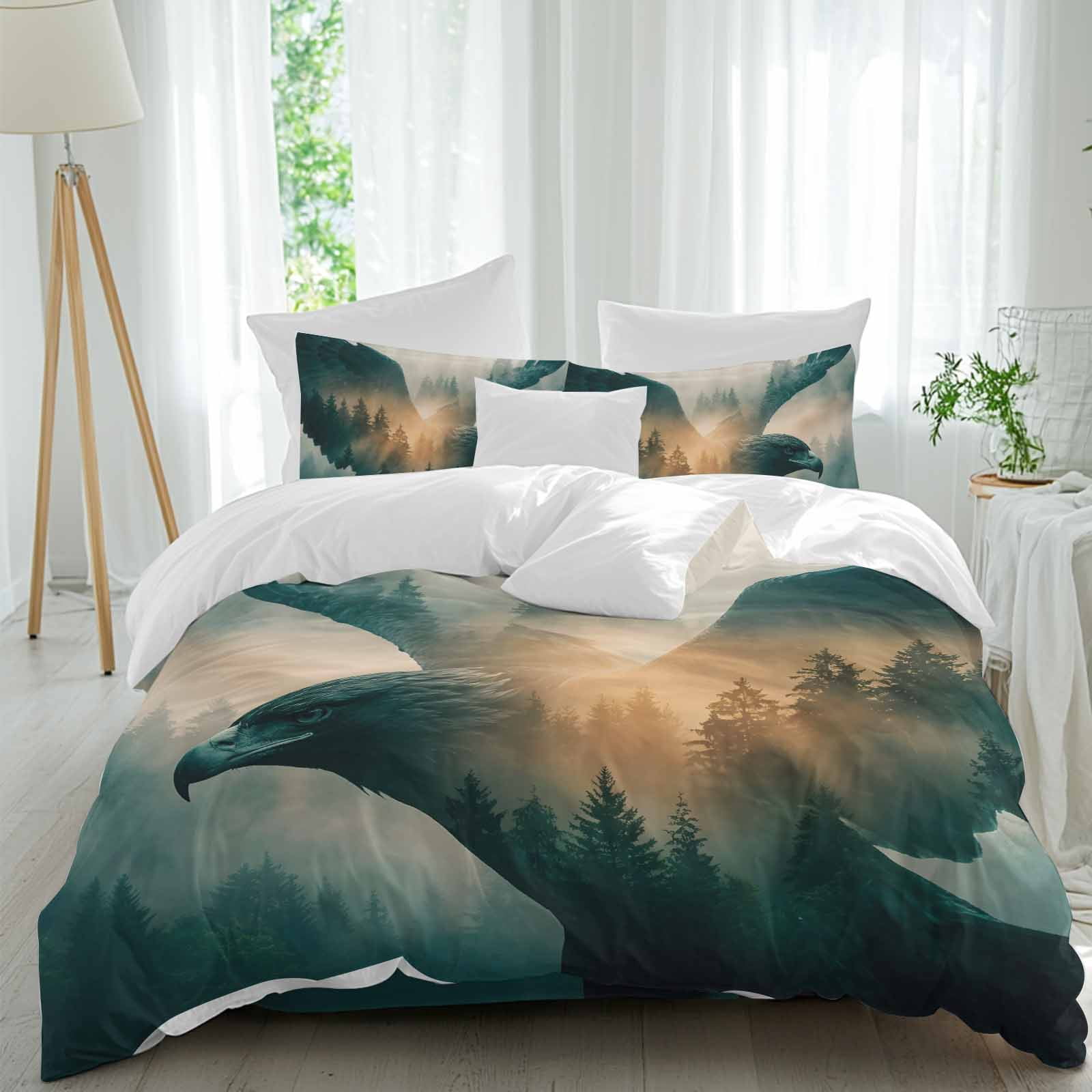 Bald Eagle Comforter Set Full Size, Vintage Misty Green Trees Eagle ...