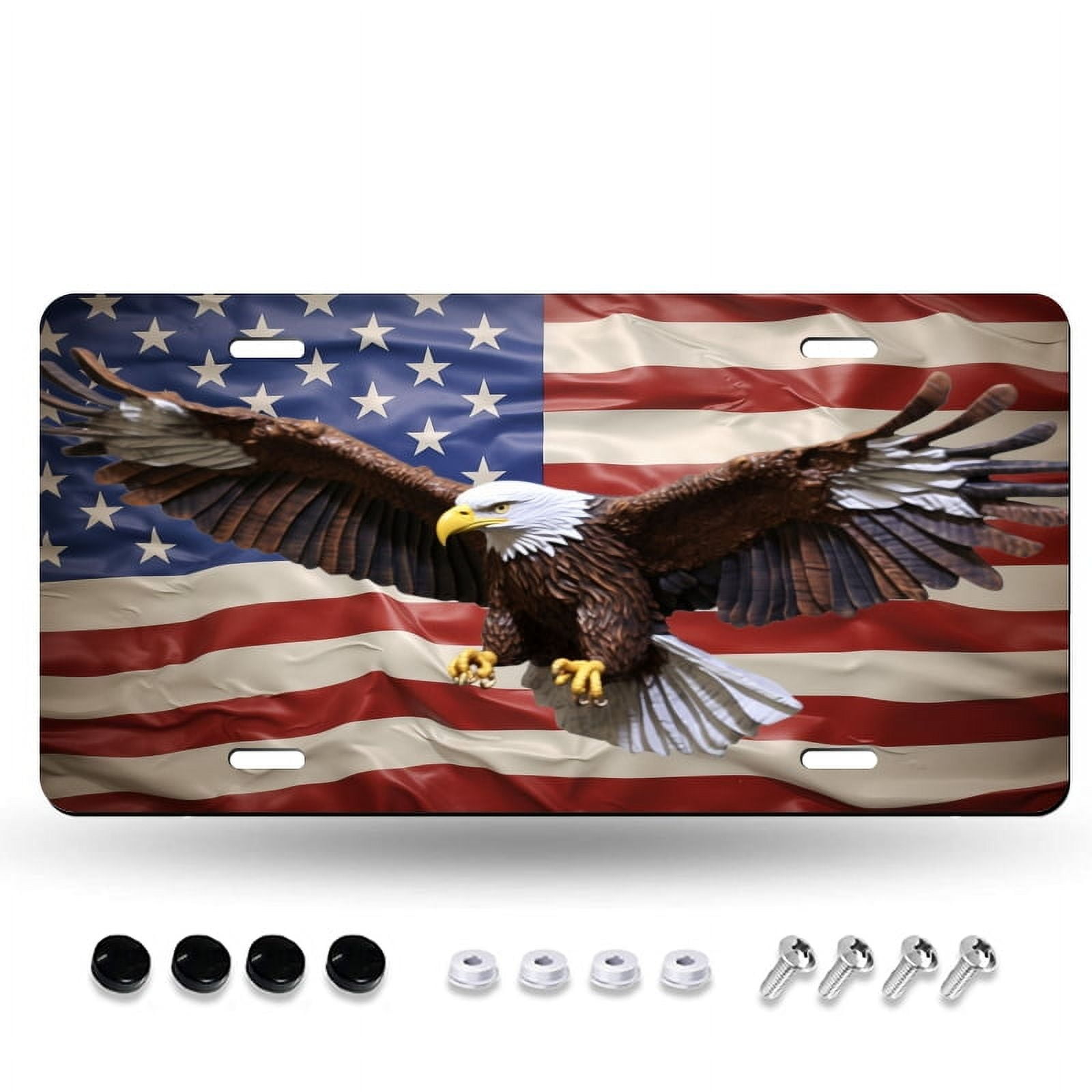 Bald Eagle Flying Over American Flag Background Front License Plate ...