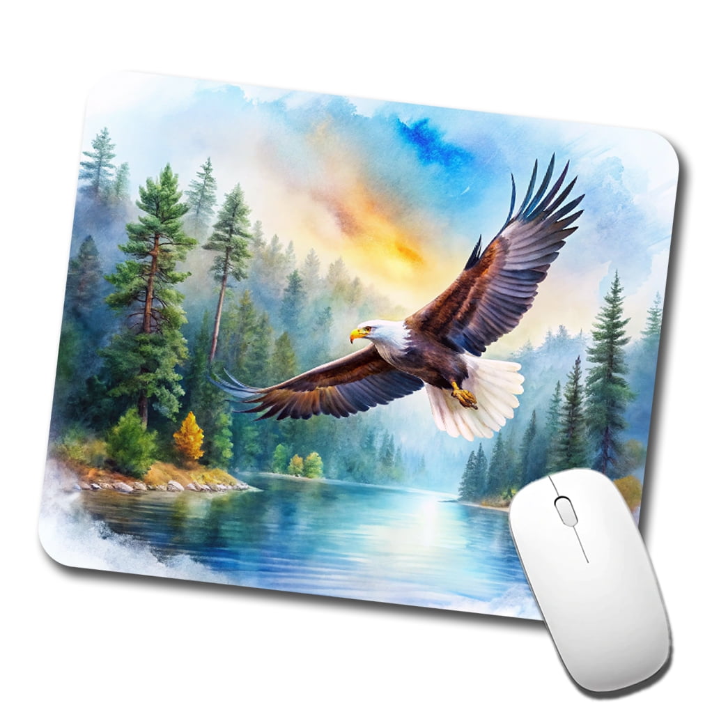 Bald Eagle Flying With Forest Lake Watercolor Mouse Pad Low Profile ...
