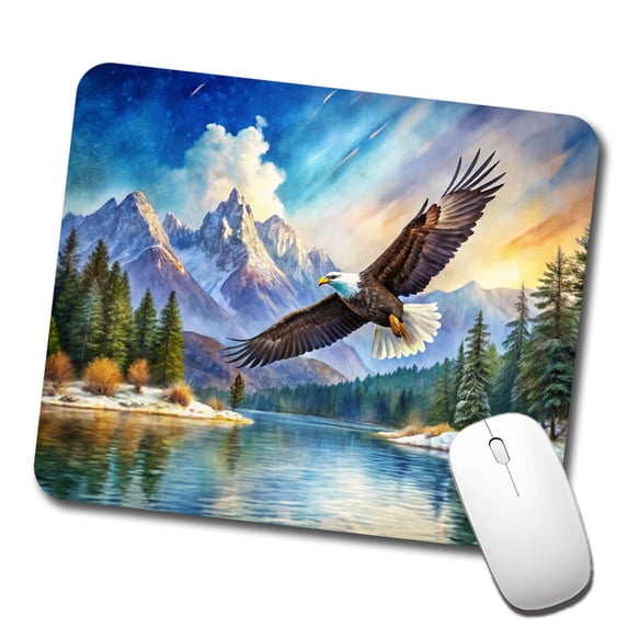 Bald Eagle Flying With Mountains Lake Watercolor Mouse Pad Low Profile ...