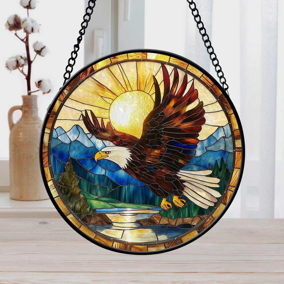 Bald Eagle Glass Suncatcher v5, Patriotic USA Window Hanging, Mountain ...