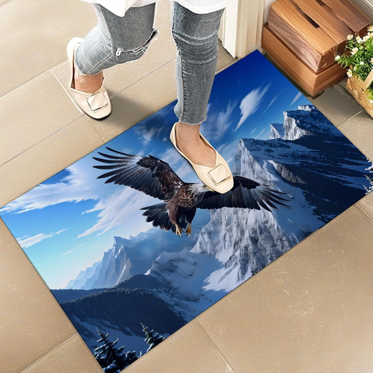 Bald Eagle Indoor Door Mat with Mountain Landscape Soaring Bird Design ...