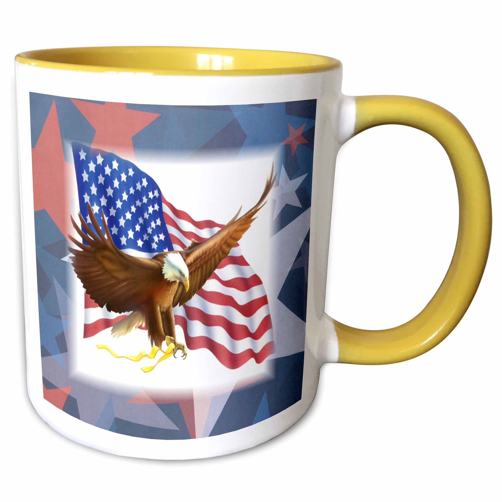 Bald Eagle On USA Flag On Red White Blue Stars 15oz Two-Tone Yellow Mug ...