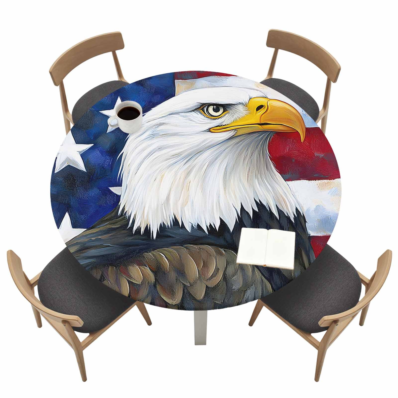 Bald Eagle Round Fitted Tablecloth with Elastic Edge American Flag ...