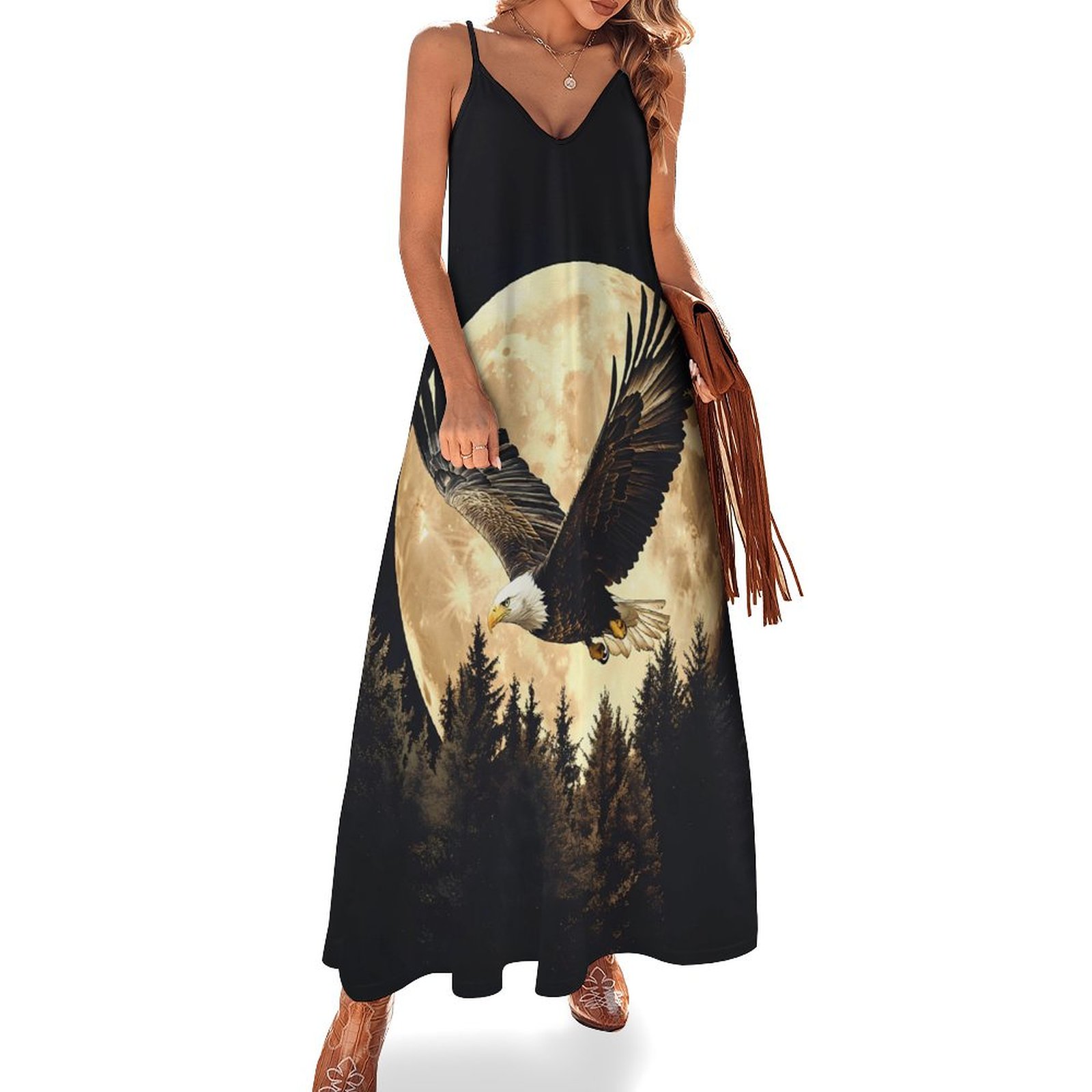 Bald Eagle Soaring Full Moon On Forest Women's Maxi Dress Spaghetti ...