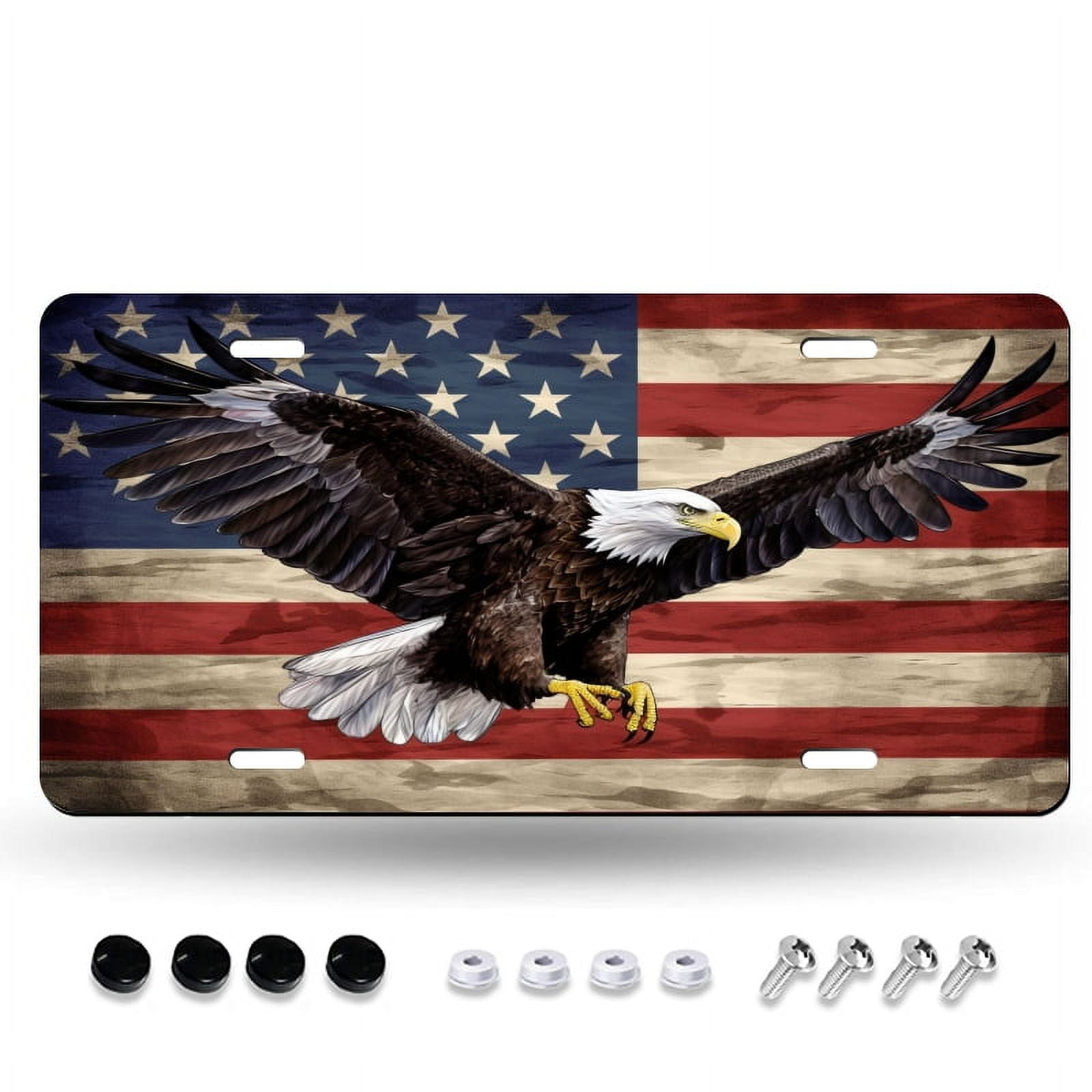 Bald Eagle with Spread Wings Flying in Front of American Flag License ...