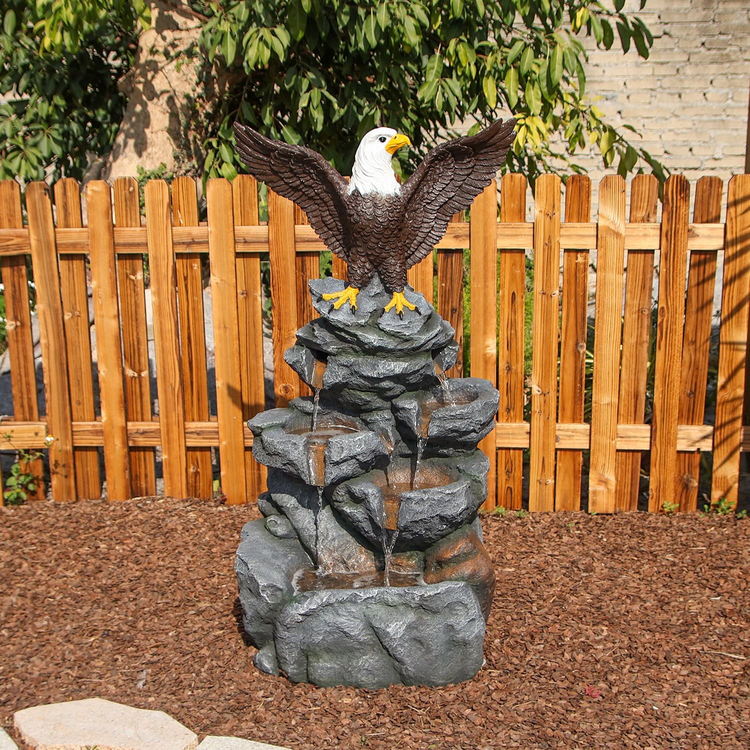 Bald Eagle Statue Outdoor Fountain Tiered Cascading Rock Water Feature ...