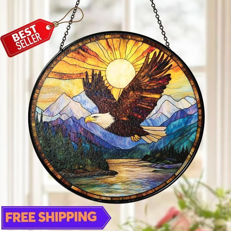 Bald Eagle Suncatcher, Glass-Effect Round Mountain Sunset Window Panel ...