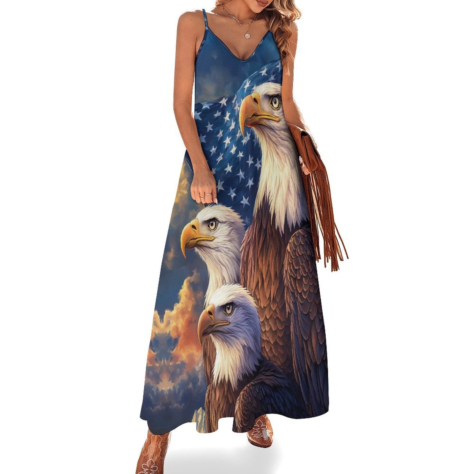 Bald Eagle U.S.A Flag on The Peak Women's Maxi Dress Spaghetti Strap ...