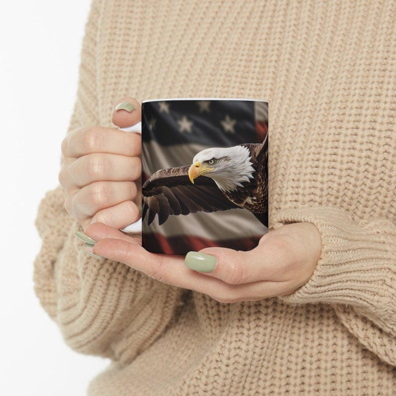 Bald Eagle & US Flag Ceramic Mug - Patriotic Symbolism in Every Sip ...