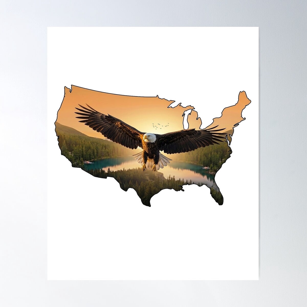 Bald Eagle USA Map Silhouette Double Exposure Sunset Art Unframed Paper ...