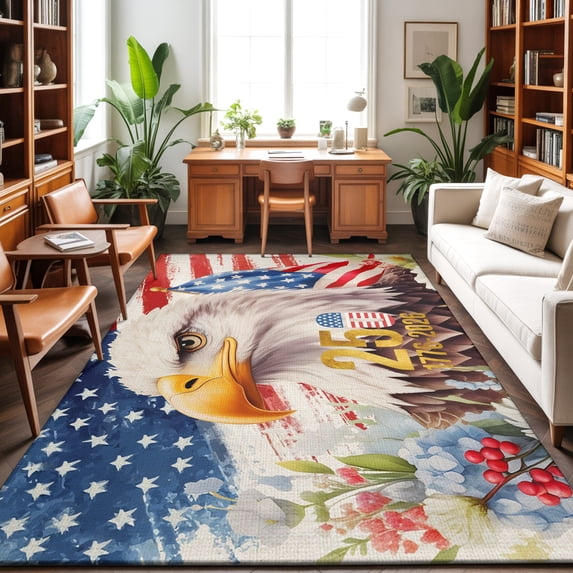 Bald Eagle Washable Area Rug 8 x 10 ft Patriotic USA Flag Flower ...
