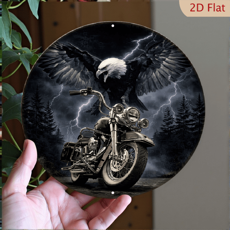 Bald Eagle and Cruiser Motorcycle Round Metal Wall Art, 8x8 Inch ...