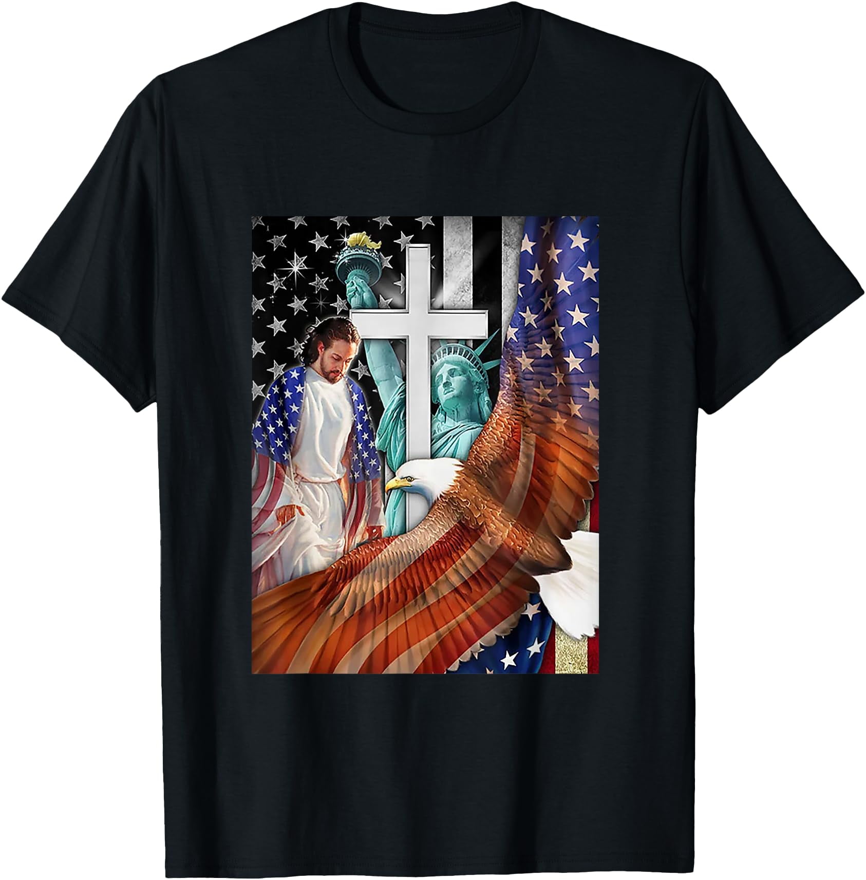 Bald Eagle with Jesus Christ and American Flag Women Kids Men T-Shirt,Black - Walmart.com
