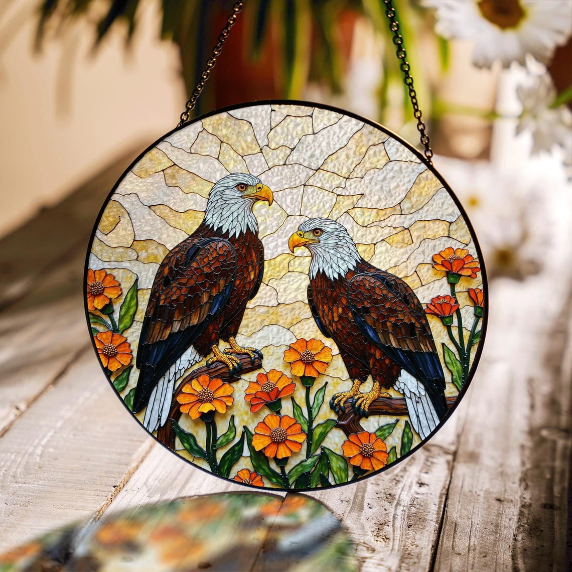 Bald Eagles and Wildflowers Glass Suncatcher, Patriotic Window Decor, 7 ...