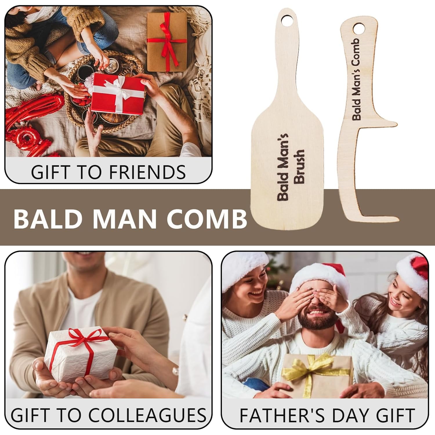 Bald Man Joke Gift Set - Funny Wooden Combing Brush and Toothless Comb ...