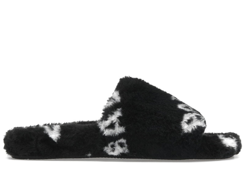 Balenciaga Men's Furry Slide Fake Fur Logo Allover Black White Sandals ...