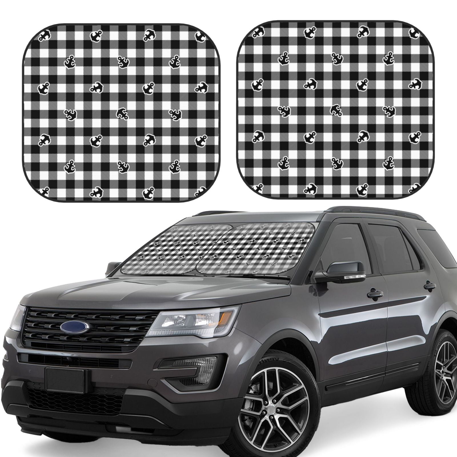 Balery 2 Piece Anchor Black Tartan Plaid Car Windshield Sun Shade ...