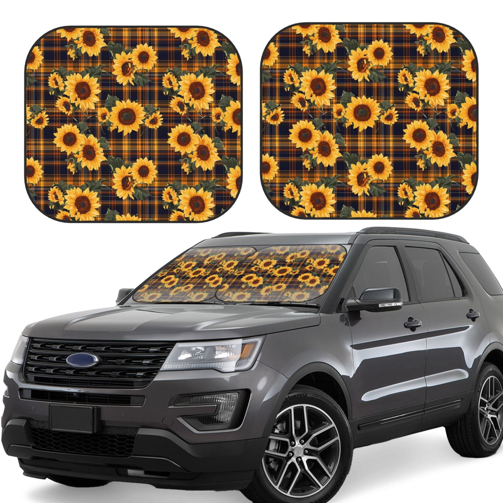 Balery 2 Piece Brown Blue Plaid Sunflower Car Windshield Sun Shade ...