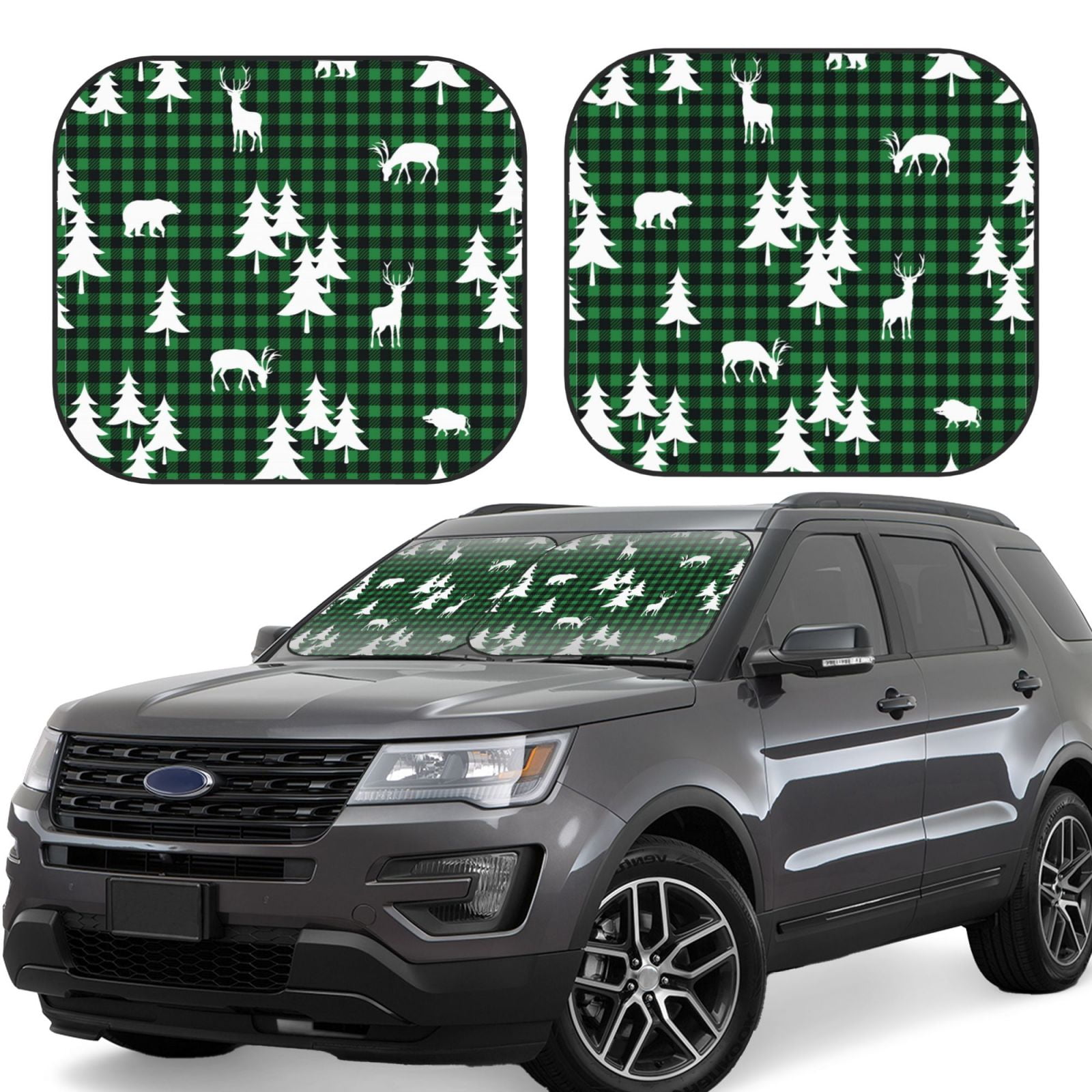 Balery 2 Piece Christmas tree green plaid Car Windshield Sun Shade ...