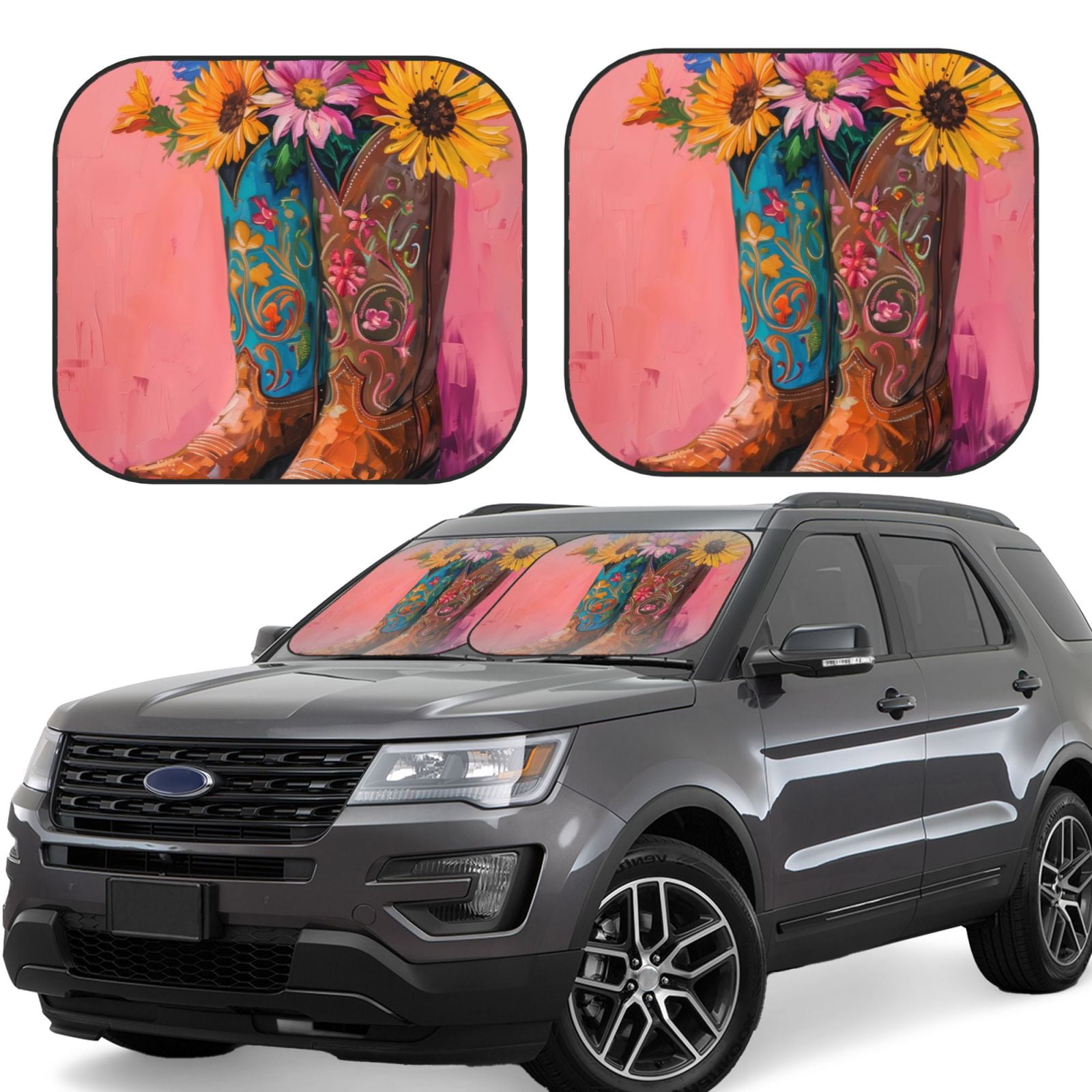 Balery 2 Piece Cowboy Boots With Flowers Car Windshield Sun Shade ...