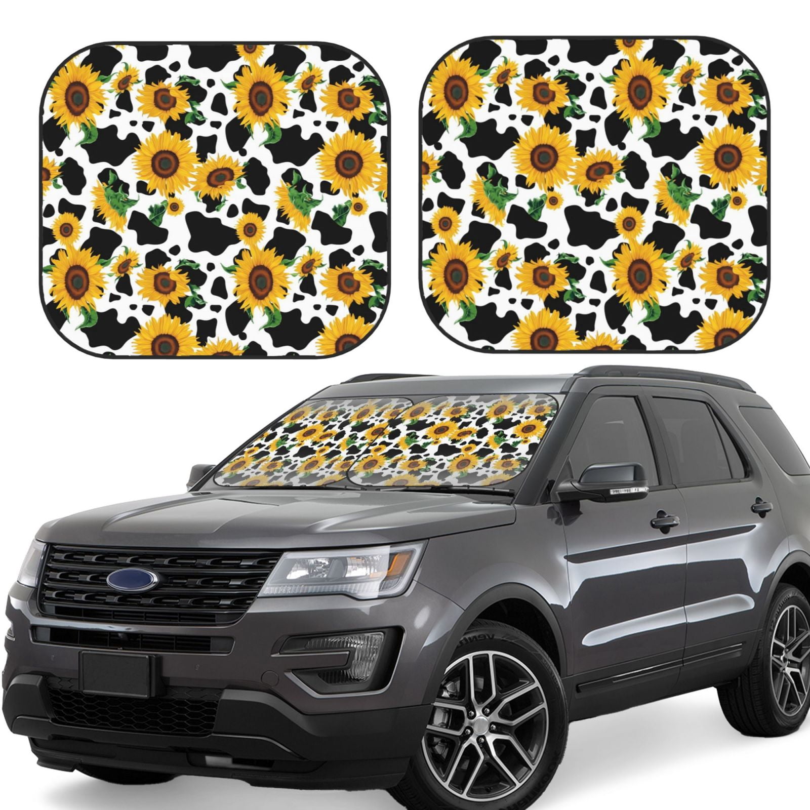 Balery 2 Piece Cute Cow Print Sunflower D Car Windshield Sun Shade ...