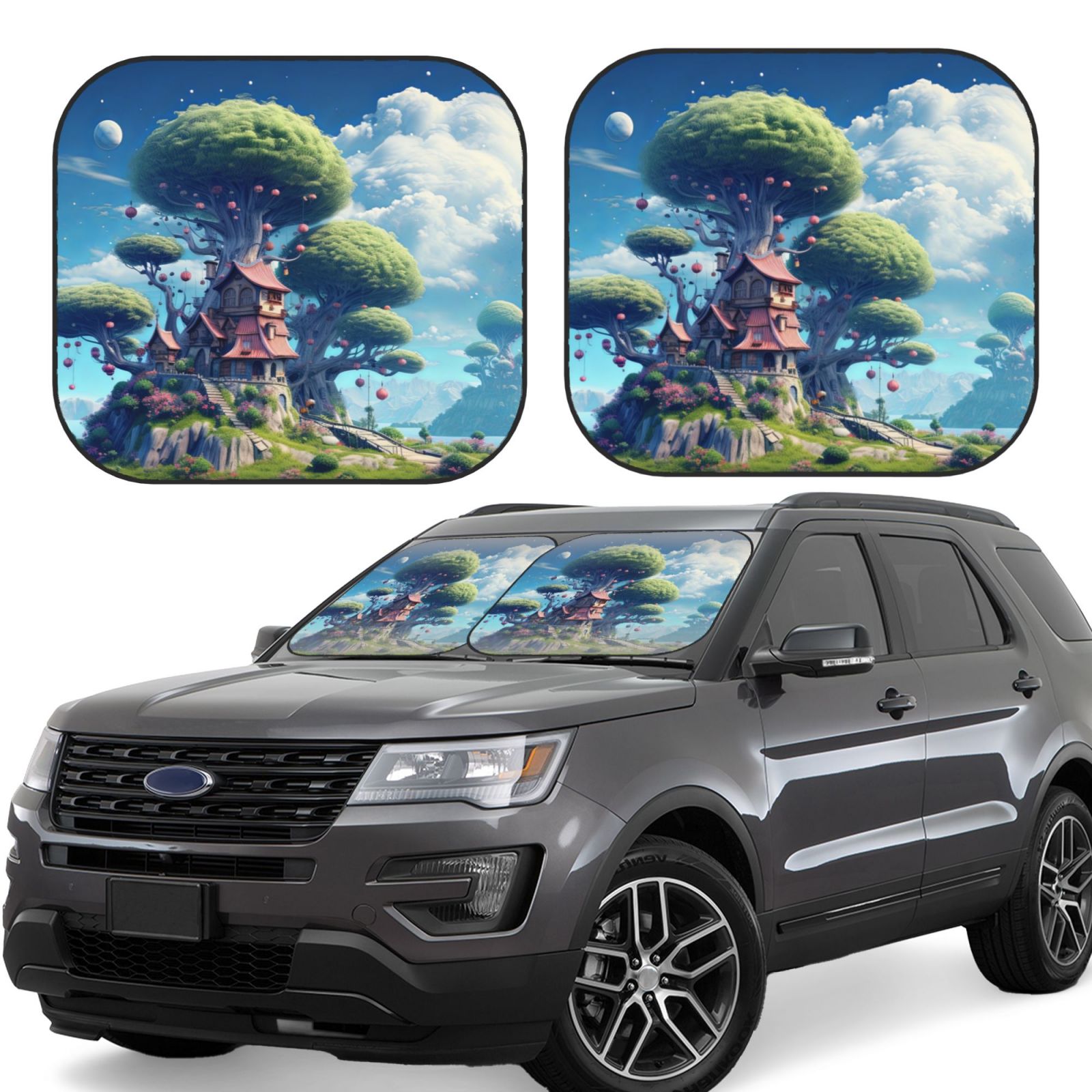 Balery 2 Piece Fantasy Treehouse Planet Scene Car Windshield Sun Shade ...