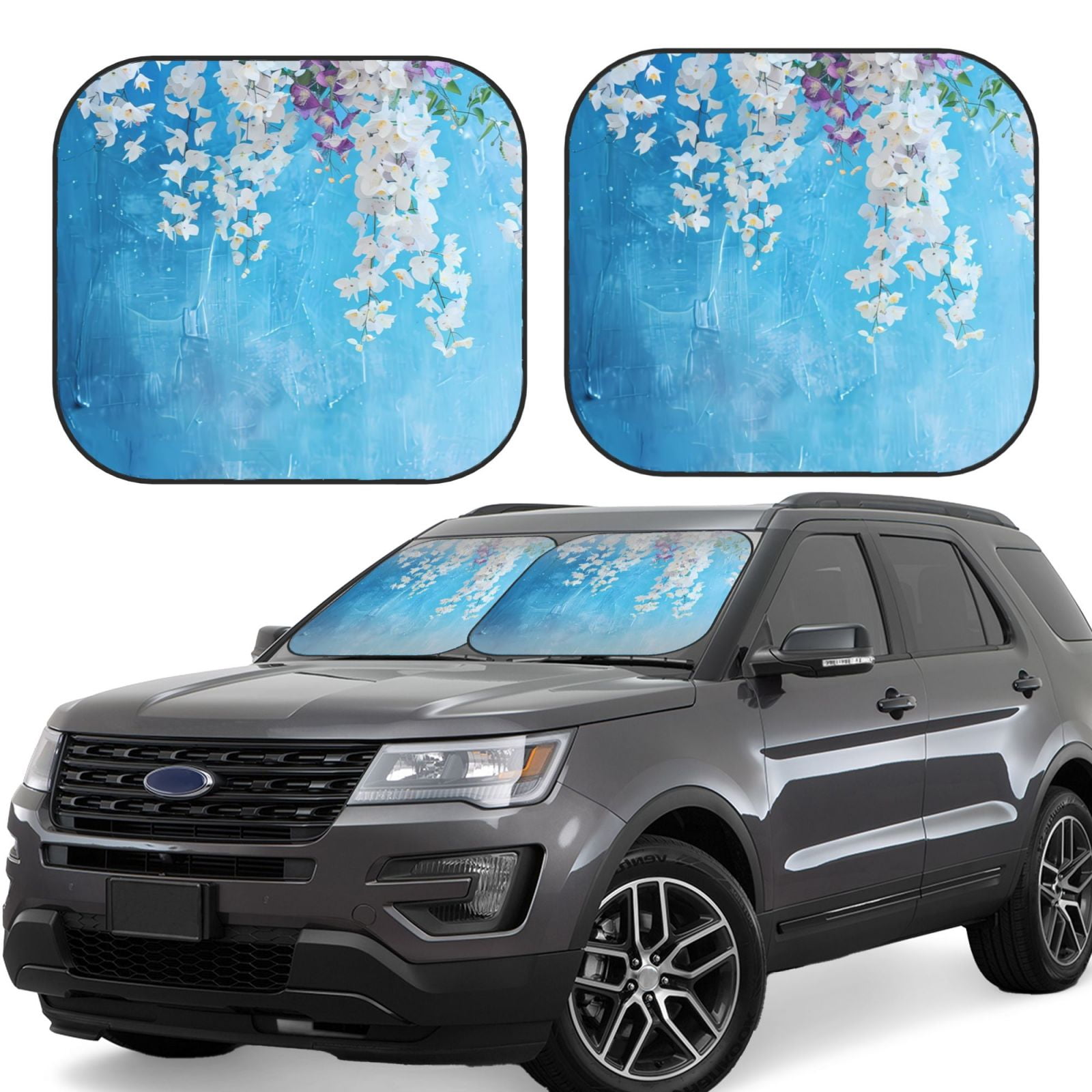 Balery 2 Piece Hanging Orchids Floral Blue Car Windshield Sun Shade ...