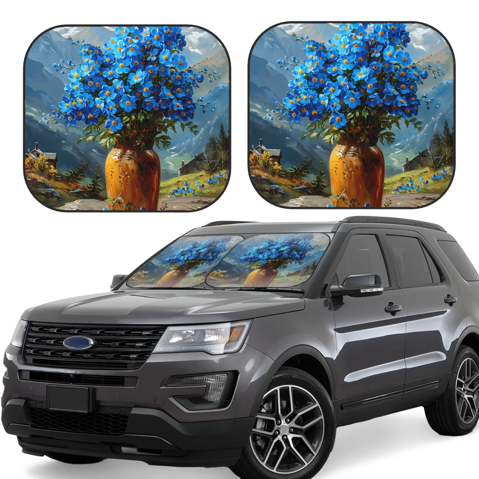 Balery 2 Piece Mountain Blue Flowers Vase Car Windshield Sun Shade ...