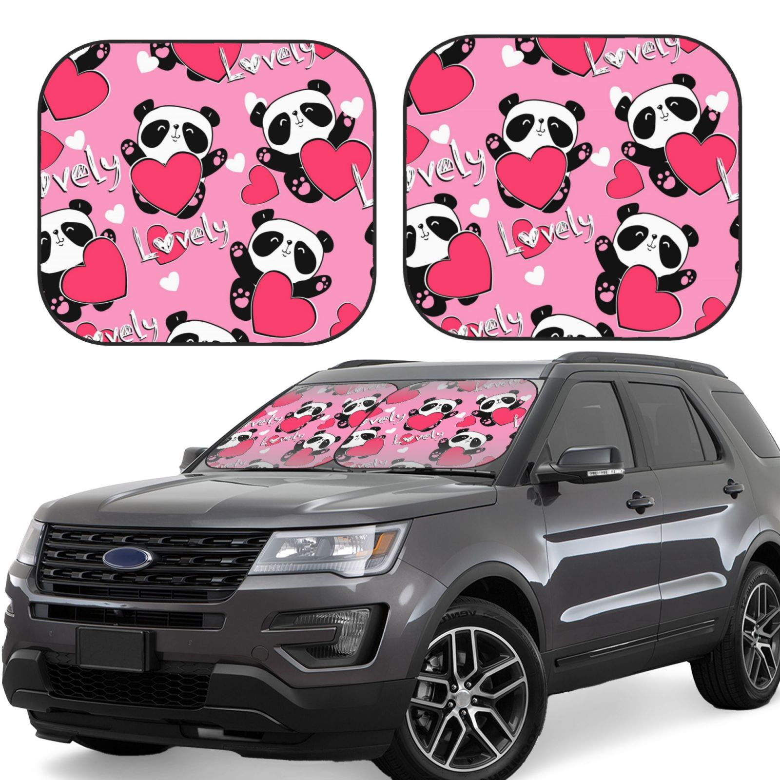 Balery 2 Piece Panda Heart Valentine Pink Car Windshield Sun Shade ...