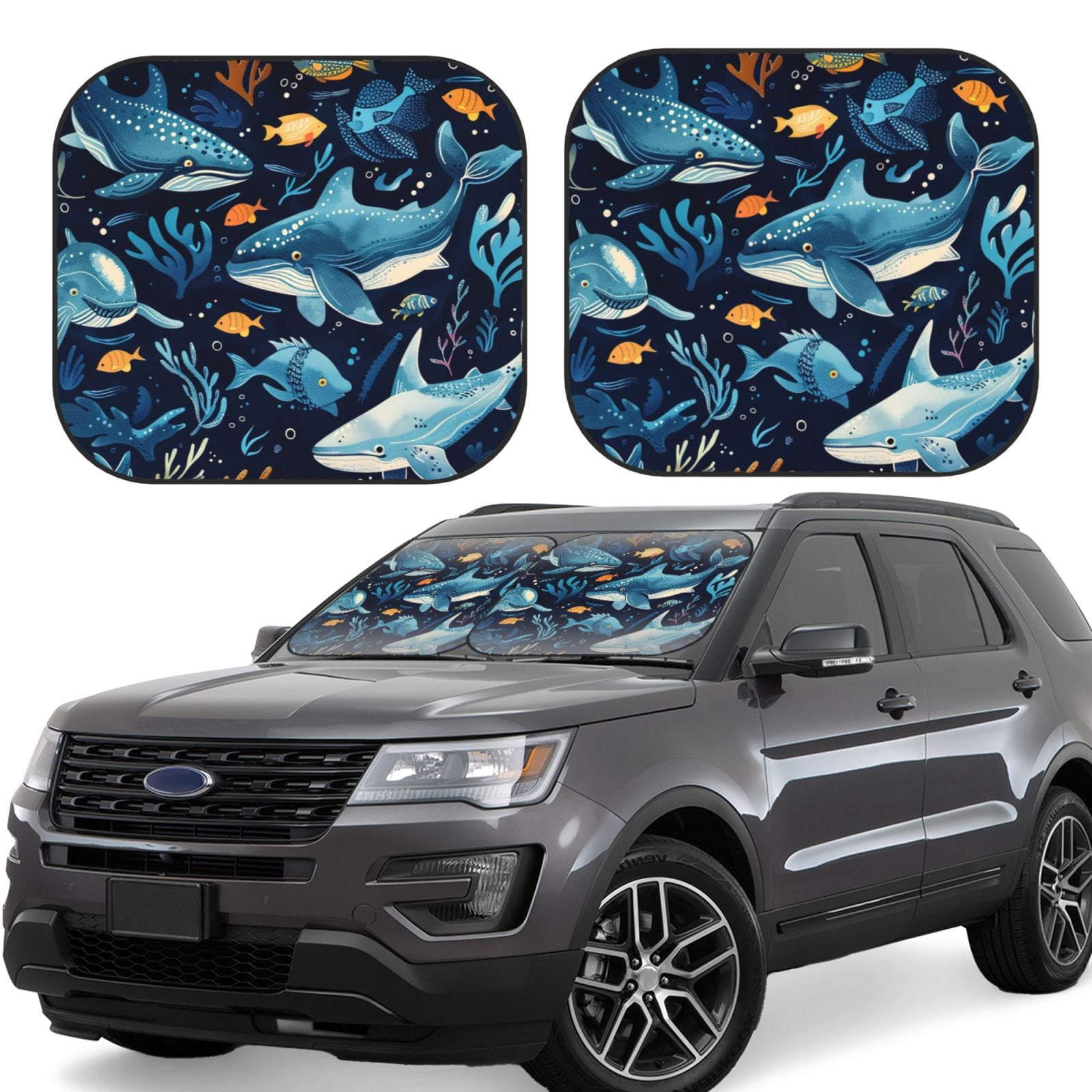 Balery 2 Piece Playful Whales Underwater Scene Car Windshield Sun Shade ...