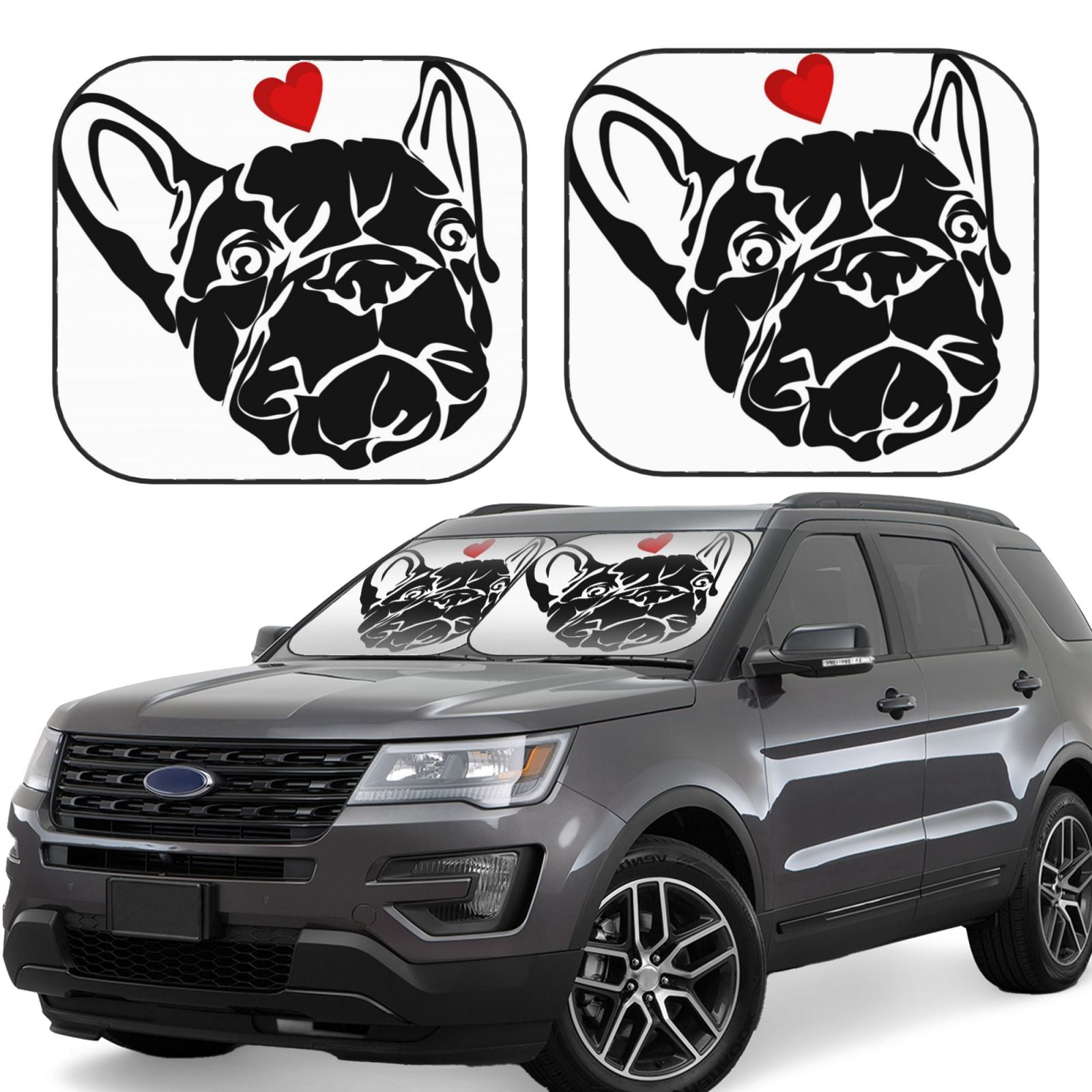 Balery 2 Piece Red Heart And Puppy Of Bulldog Car Windshield Sun Shade ...