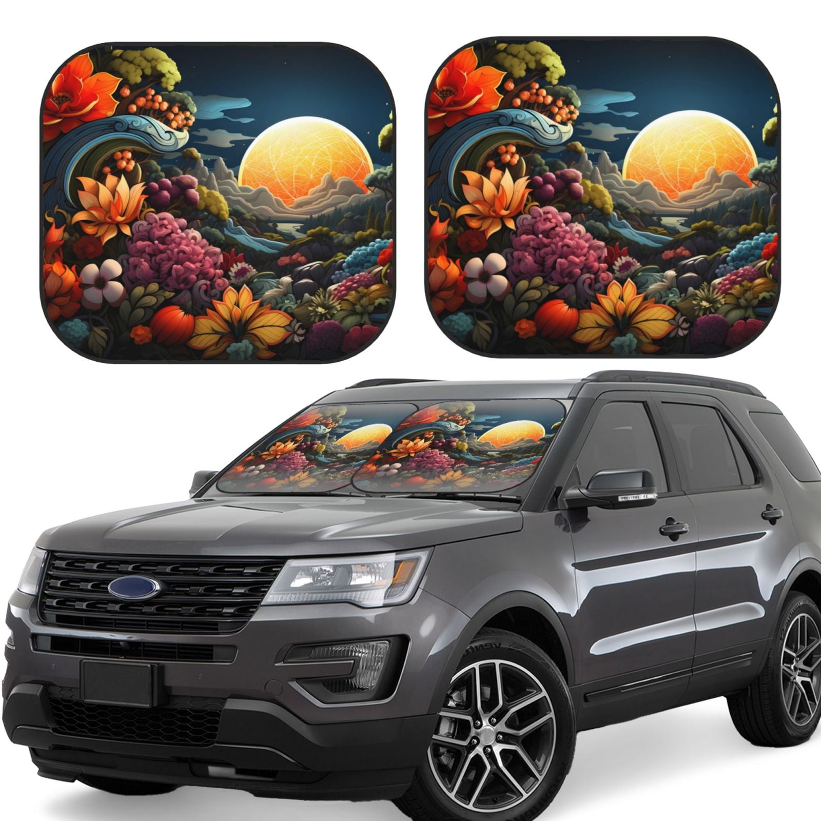 Balery 2 Piece Sunset Floral Fantasy Landscape Car Windshield Sun Shade ...