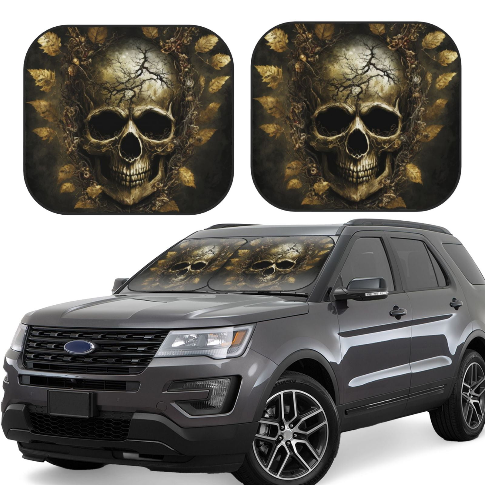 Balery 2 Piece Vintage Gold Leaf Skull Car Windshield Sun Shade ...