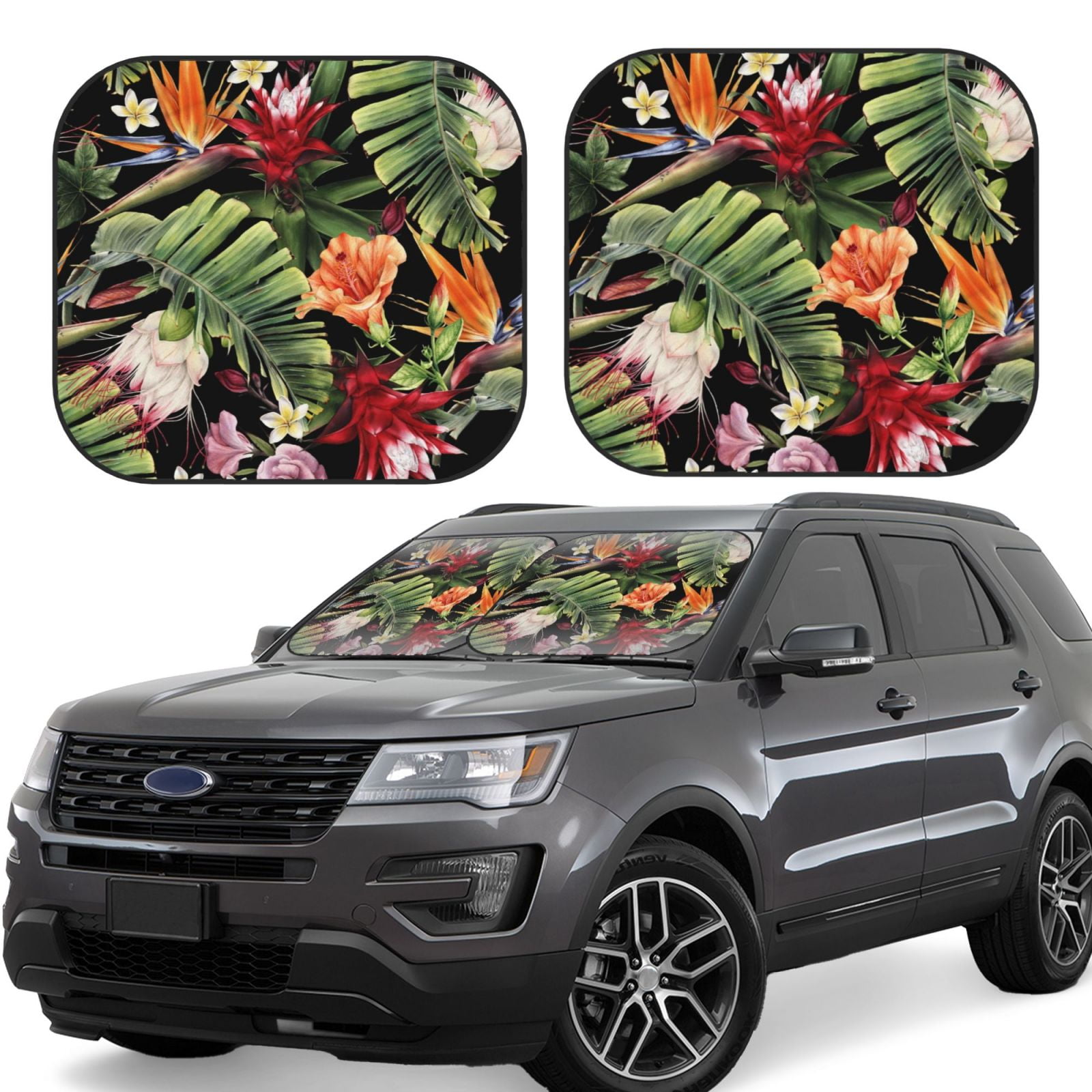 Balery 2 Piece Watercolor Tropical Flowers Car Windshield Sun Shade ...