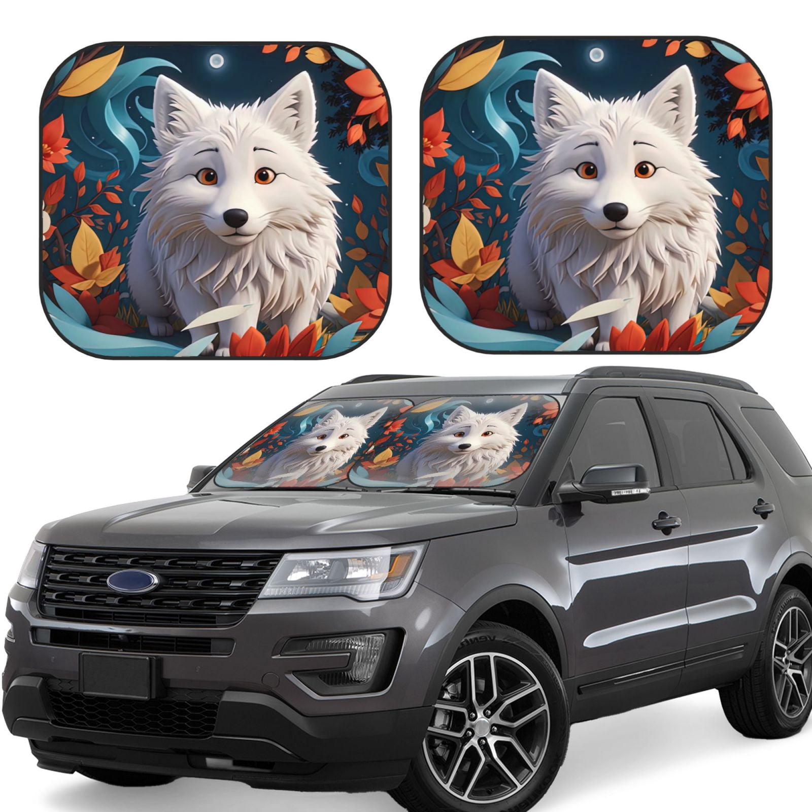 Balery 2 Piece White Wolf With Flowers Car Windshield Sun Shade|Foldable Front Windshield Shade ...