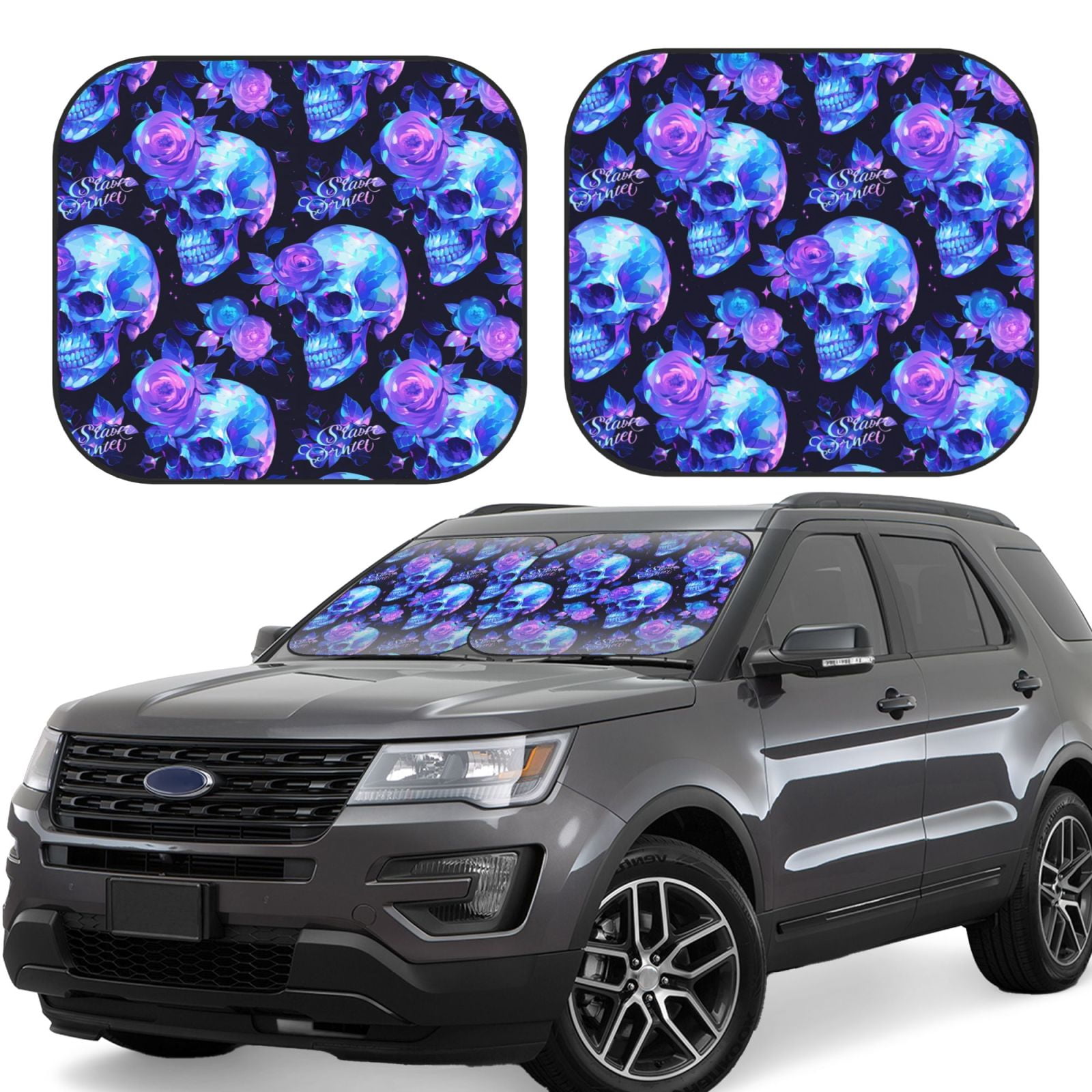Balery 2 Piece cool crystal Skull flower Car Windshield Sun Shade ...