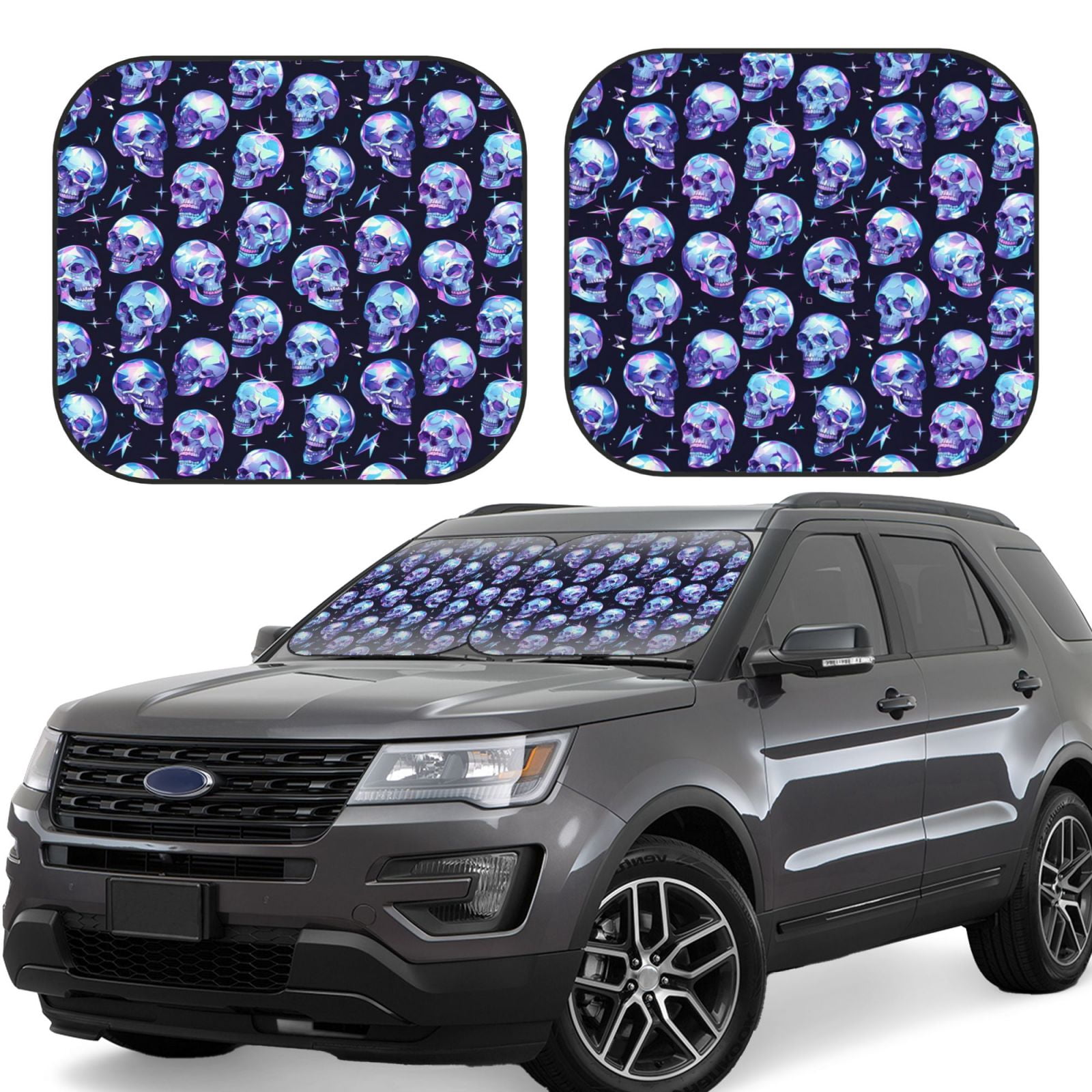 Balery 2 Piece crystal Skull Car Windshield Sun Shade|Foldable Front ...