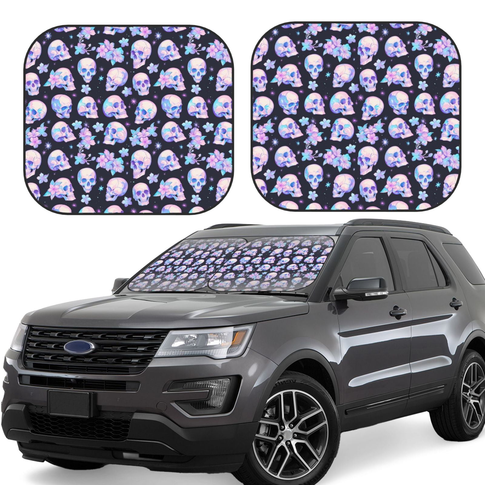 Balery 2 Piece crystal flower Skull Car Windshield Sun Shade|Foldable ...