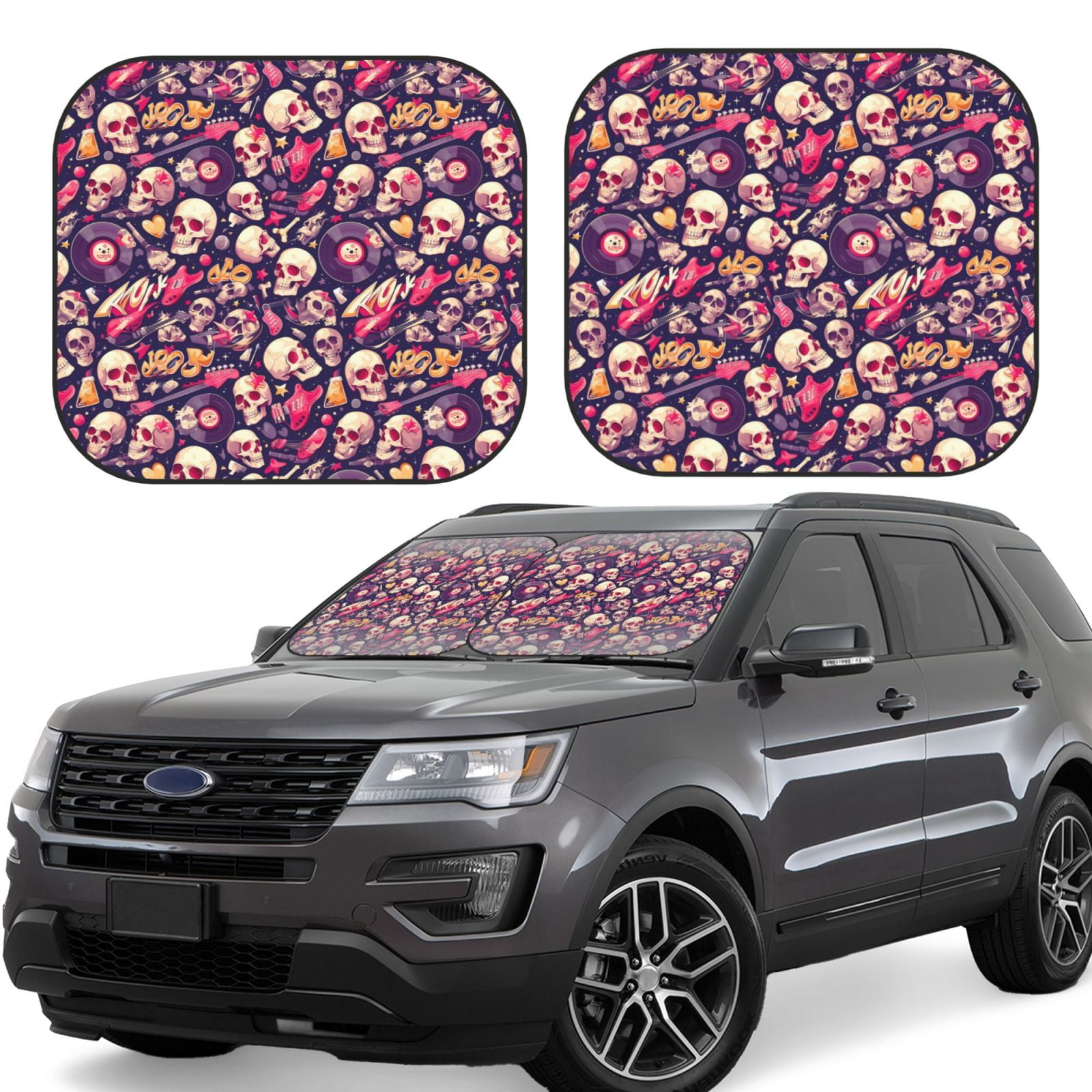 Balery 2 Piece music Skull record Guitar Car Windshield Sun Shade ...
