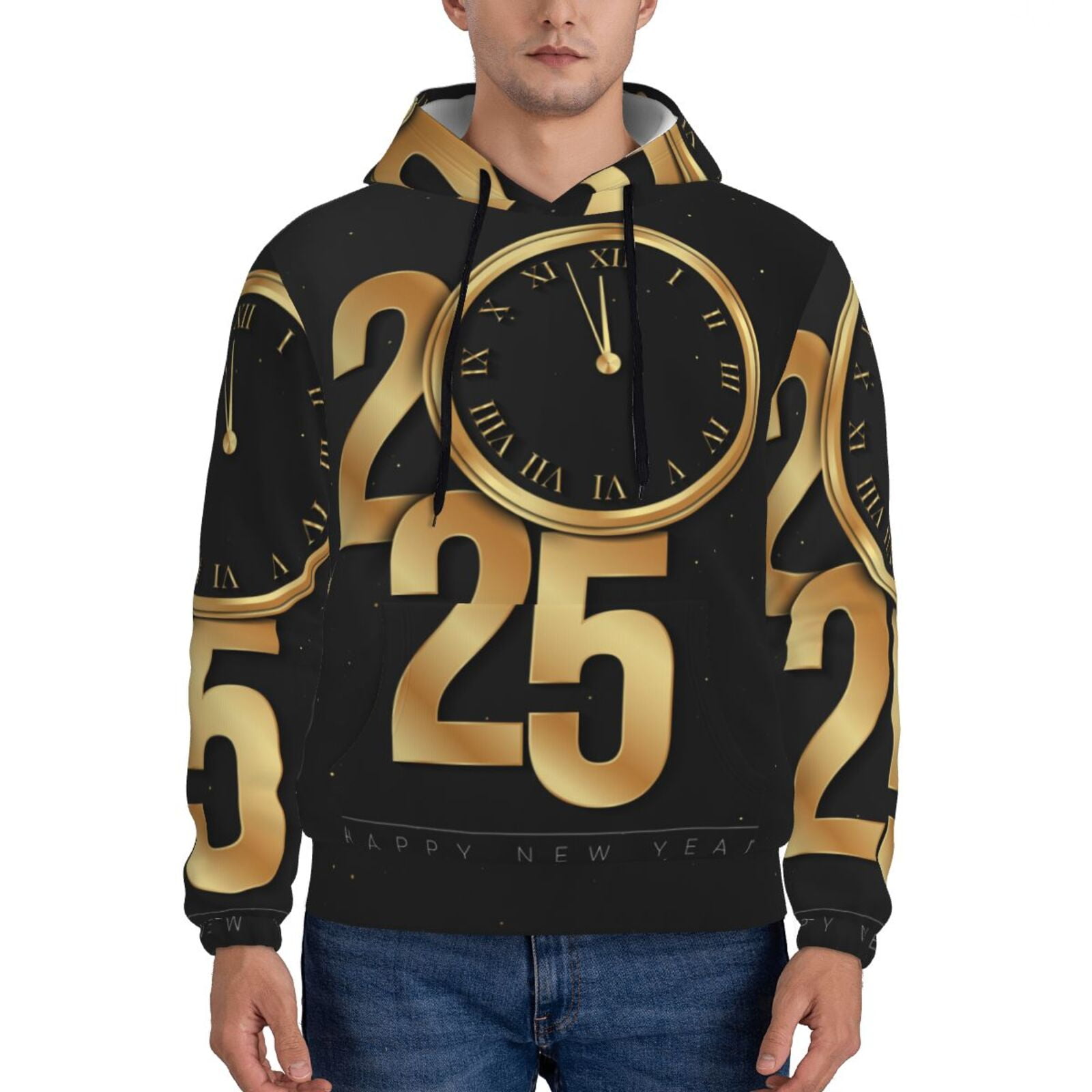 Balery 2025 Happy New Year Pattern Mens Hoodie Kangaroo Pocket Hoodie Pullover Hooded Sweatshirt ...