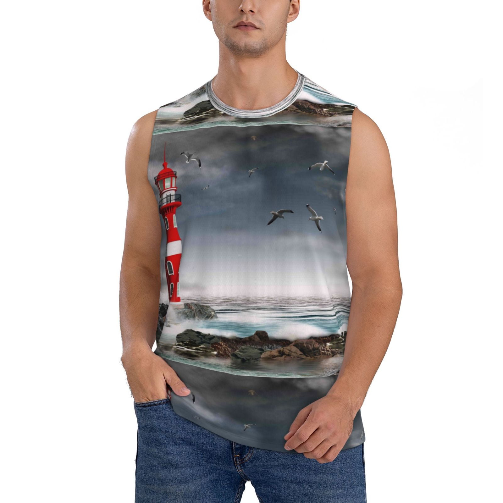 Balery 3d Lighthouse in the Surf Men's Sleeveless Muscle Shirts Workout ...