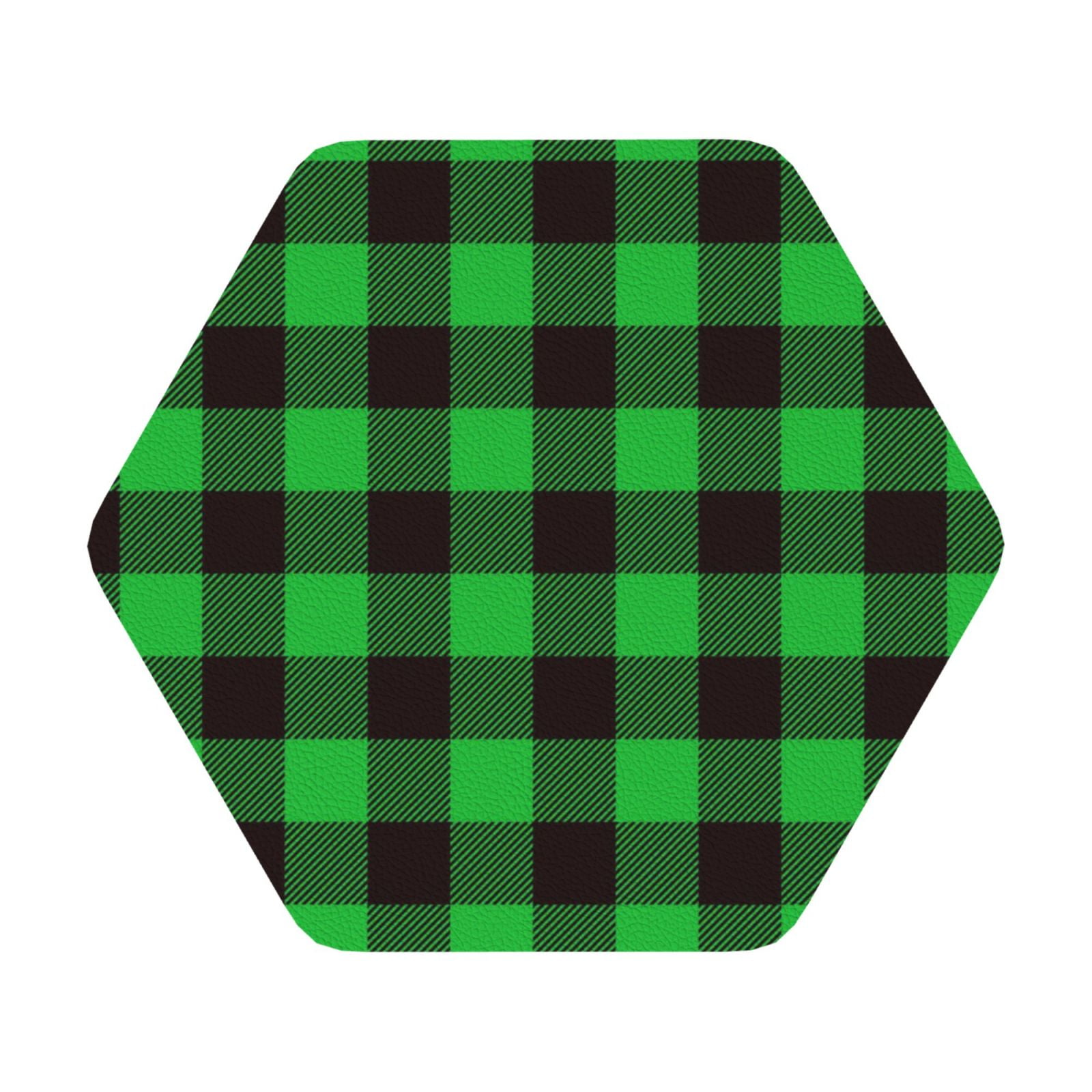 Balery 6 Pcs Buffalo Plaid Green Blackleather Coasters Set, Drink Table ...