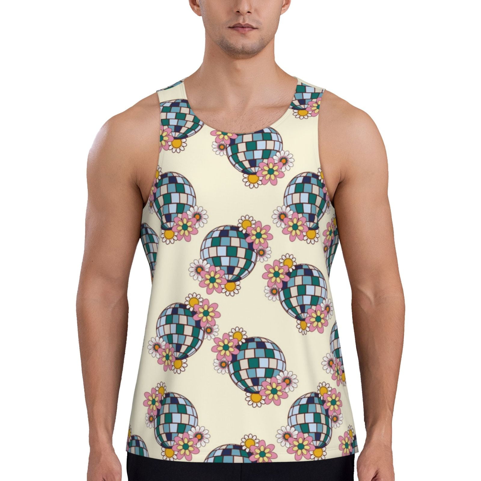 Balery 70s Disco Ball Pattern Men's Workout Tank Top Gym Muscle Tee ...